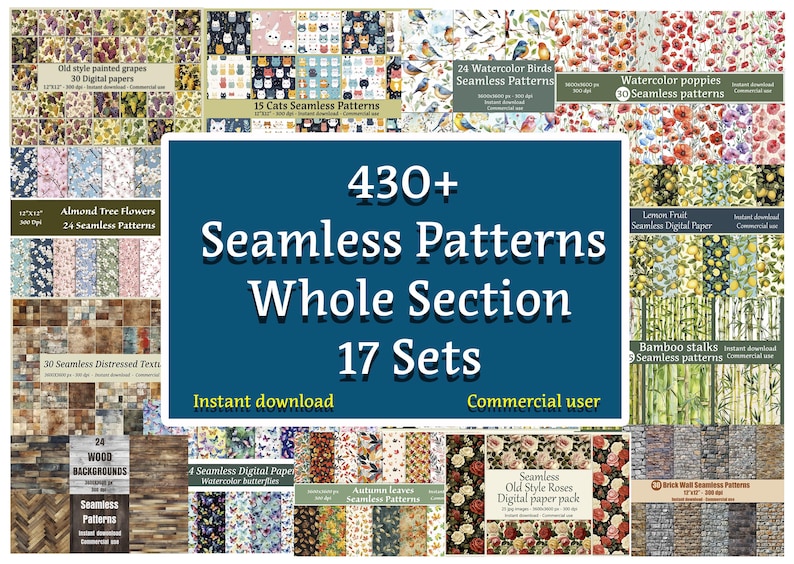 Seamless Patterns Mega Pack : 460 Designs in 18 Sets, Instant Download, Private and Commercial ...