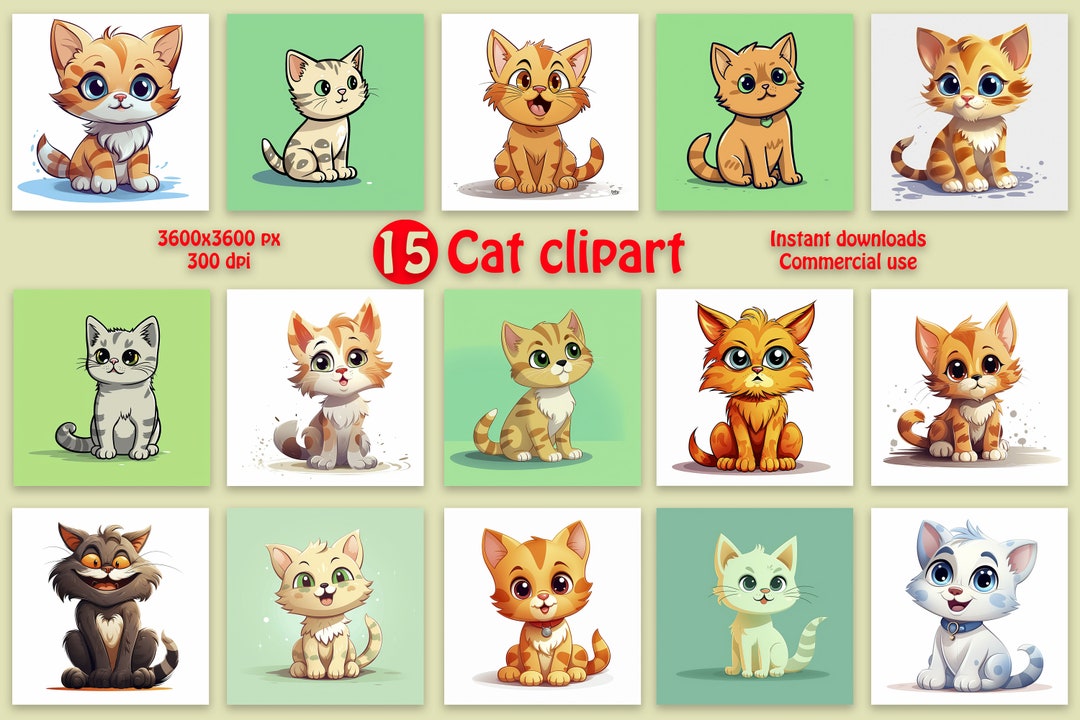 Cute Cats Clipart Bundle | 15 Cats Jpeg Printable, Cute Cat Breeds ...