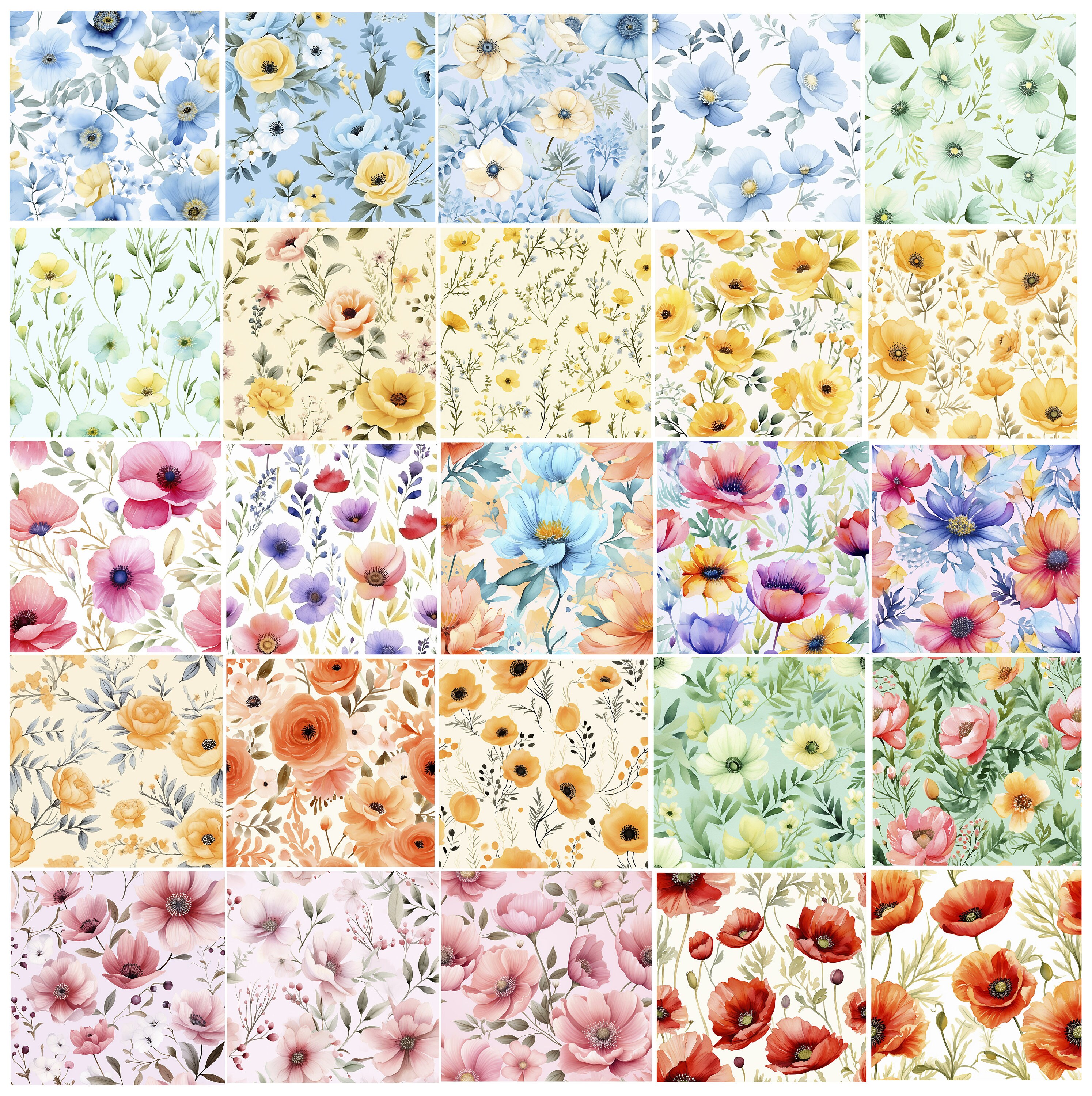 50 Watercolor Flower Seamless Patterns, Watercolor Floral Paper ...