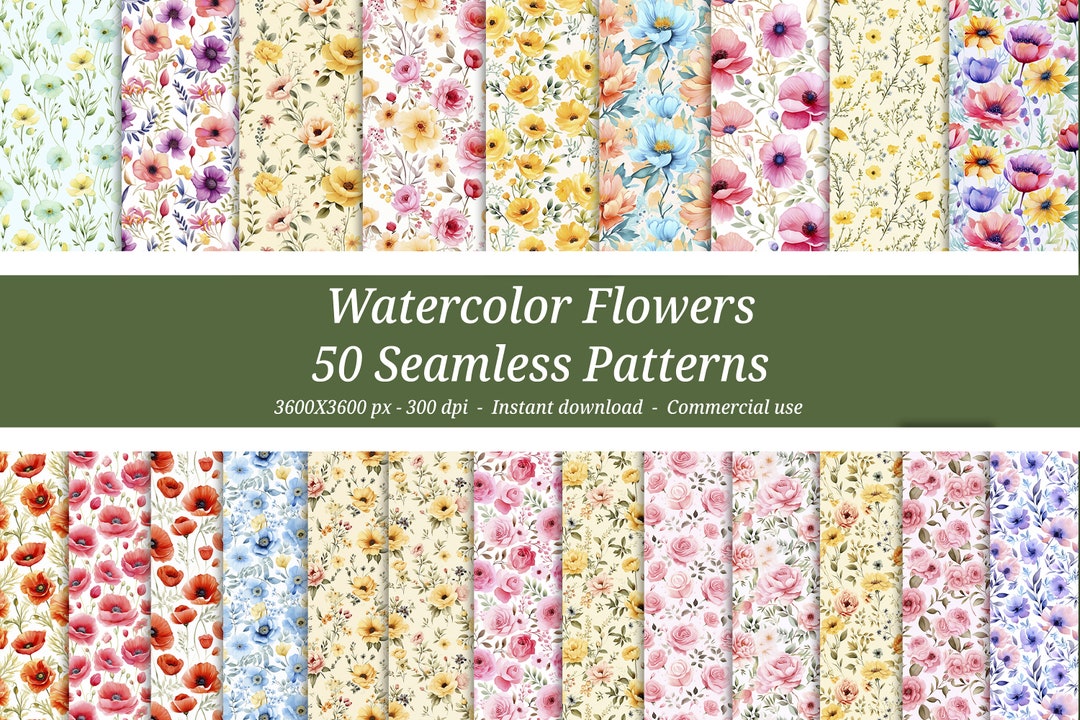 50 Watercolor Flower Seamless Patterns, Watercolor Floral Paper ...