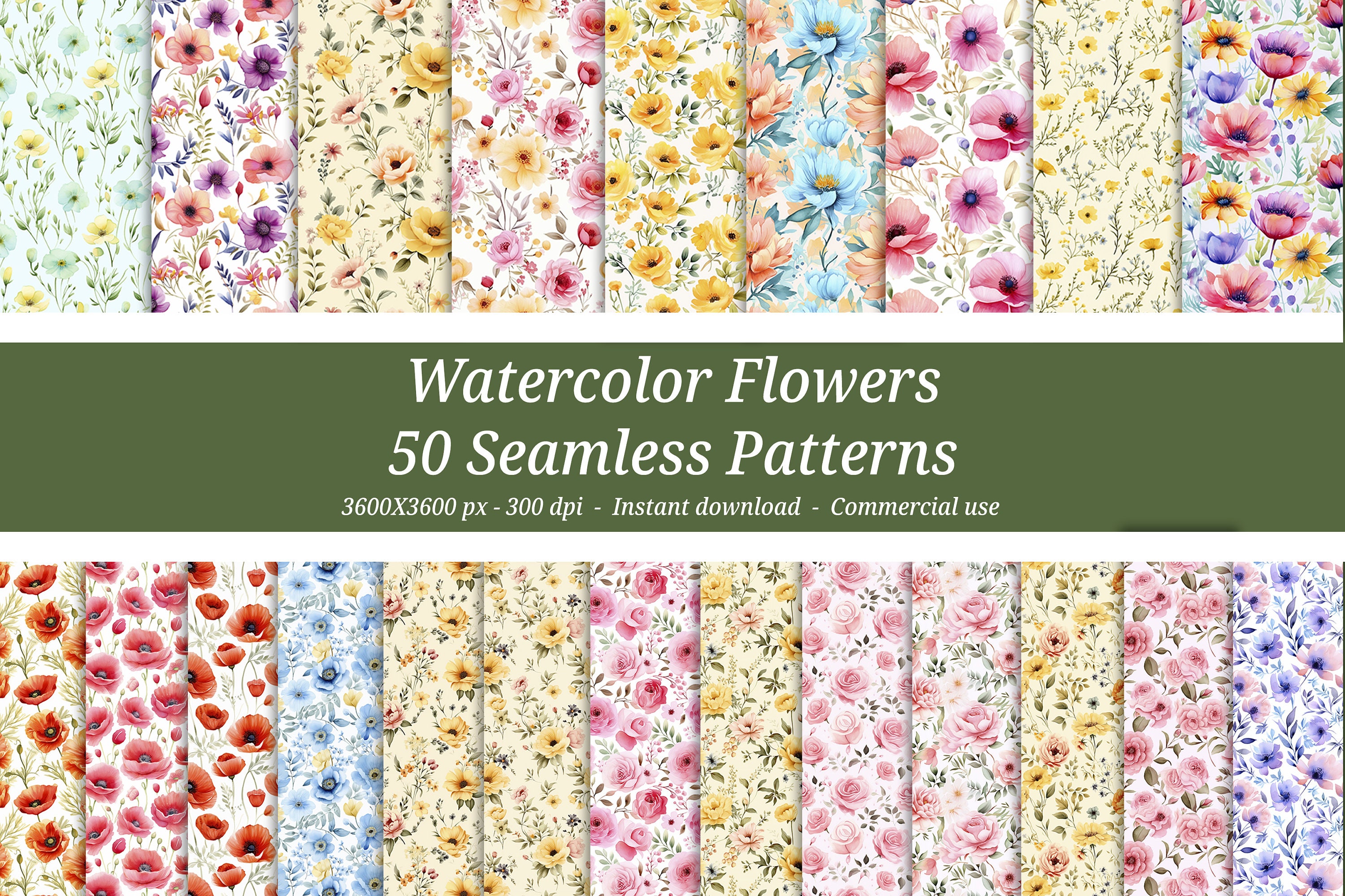 50 Watercolor Flower Seamless Patterns, Watercolor Floral Paper ...