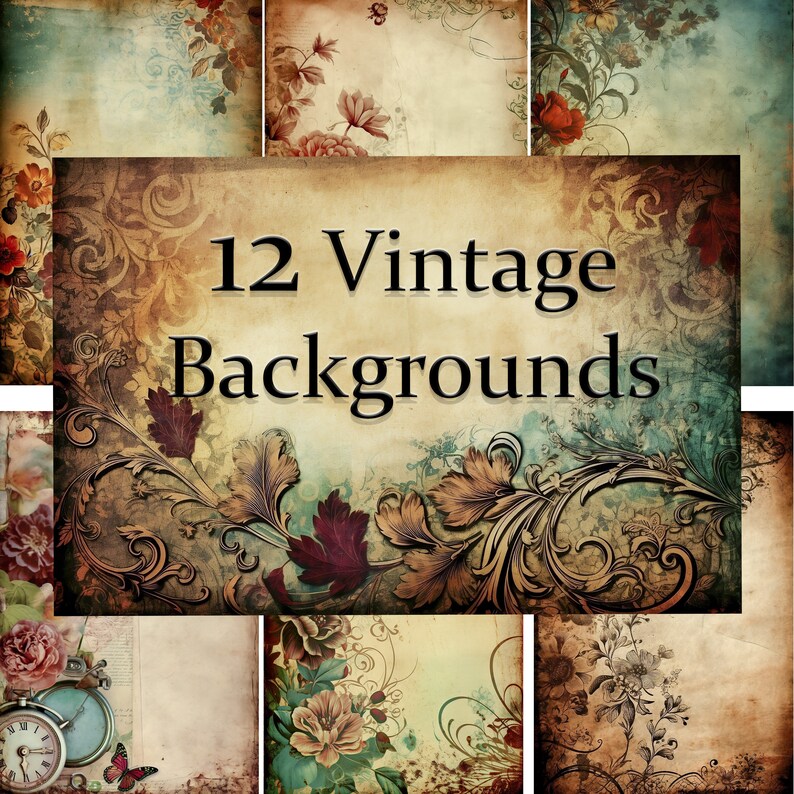 Set of 12 Vintage Floral Backgrounds, Vintage Mockups, Vintage ...