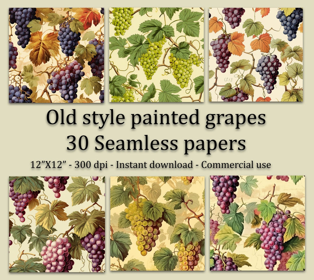 30 Seamless Digital Papers, Old Style Painted Grapes, Fruit Patterns ...