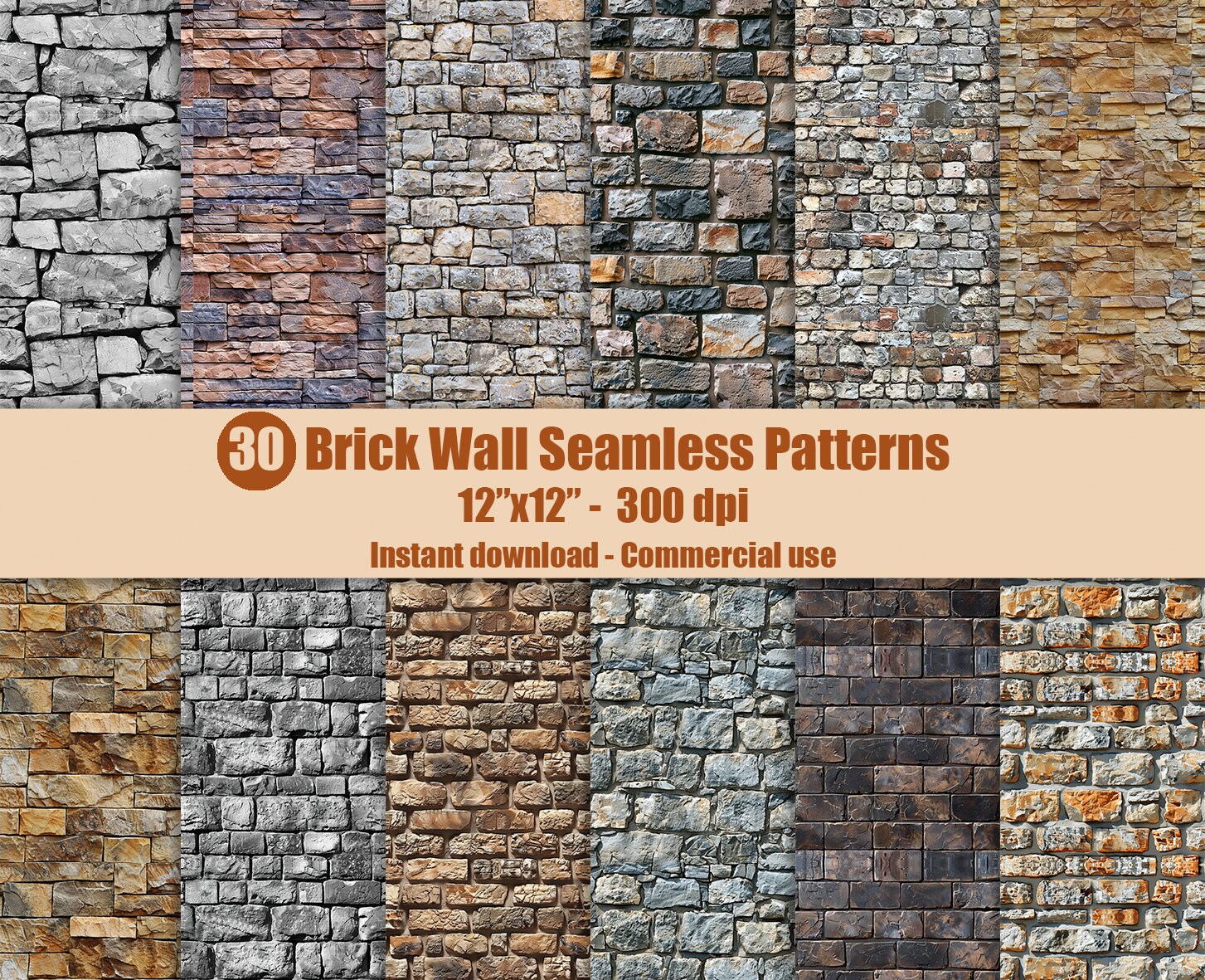 30 Brick Textures Digital Paper, Seamless Rustic Brick Wall Digital ...