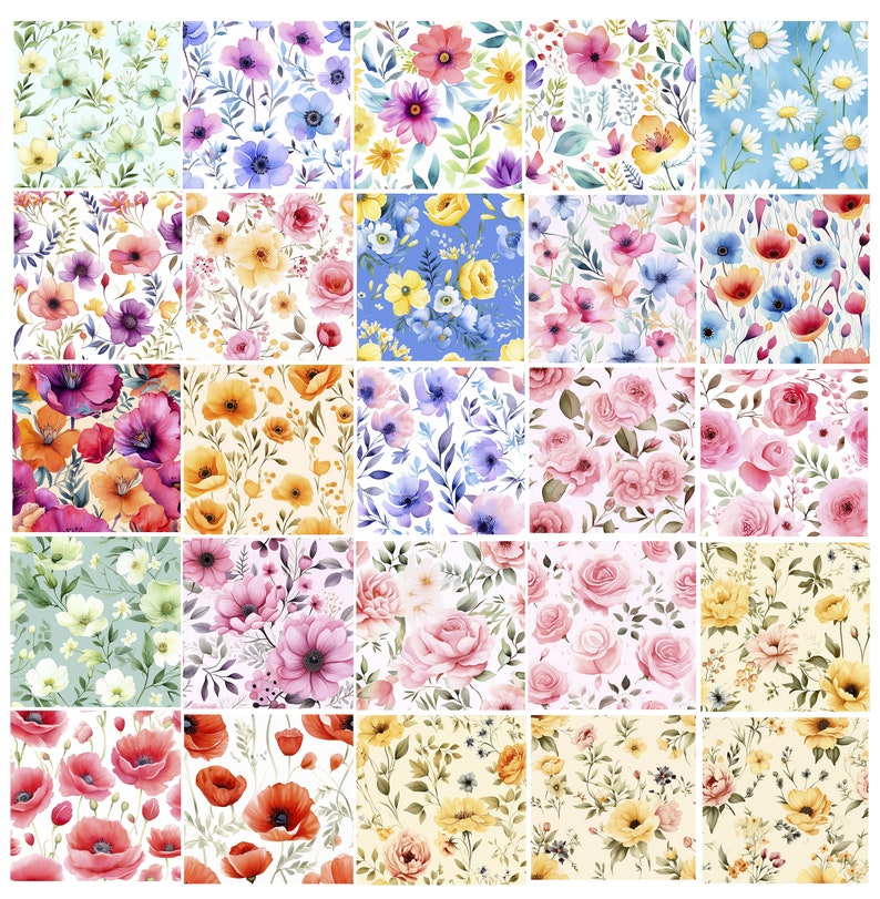 50 Watercolor Flower Seamless Patterns, Watercolor Floral Paper ...