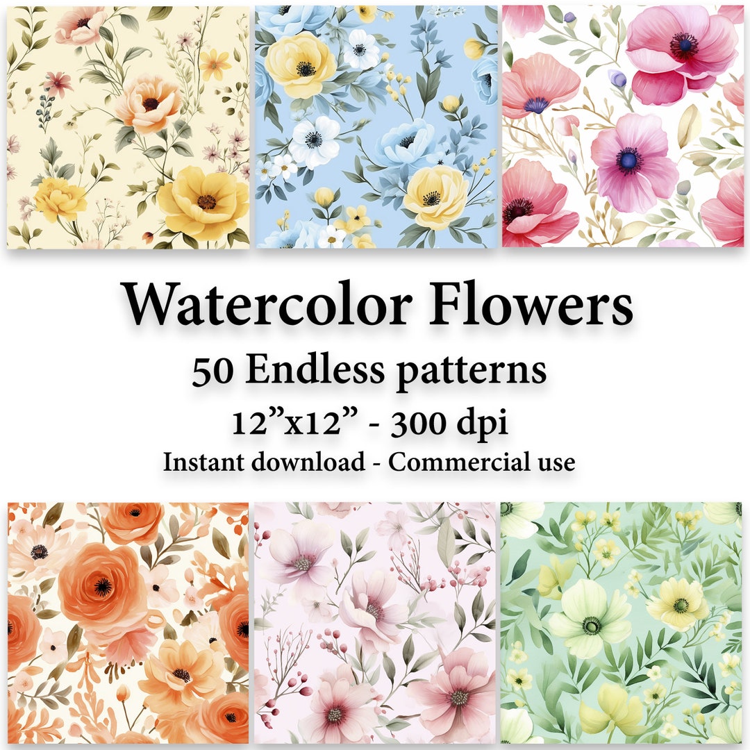 50 Watercolor Flower Seamless Patterns, Watercolor Floral Paper ...