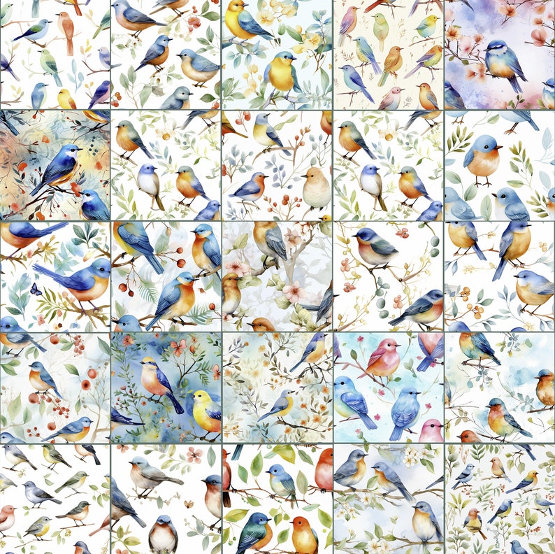24 Birds Seamless Patterns, Digital Paper With Birds, Watercolor, Birds ...