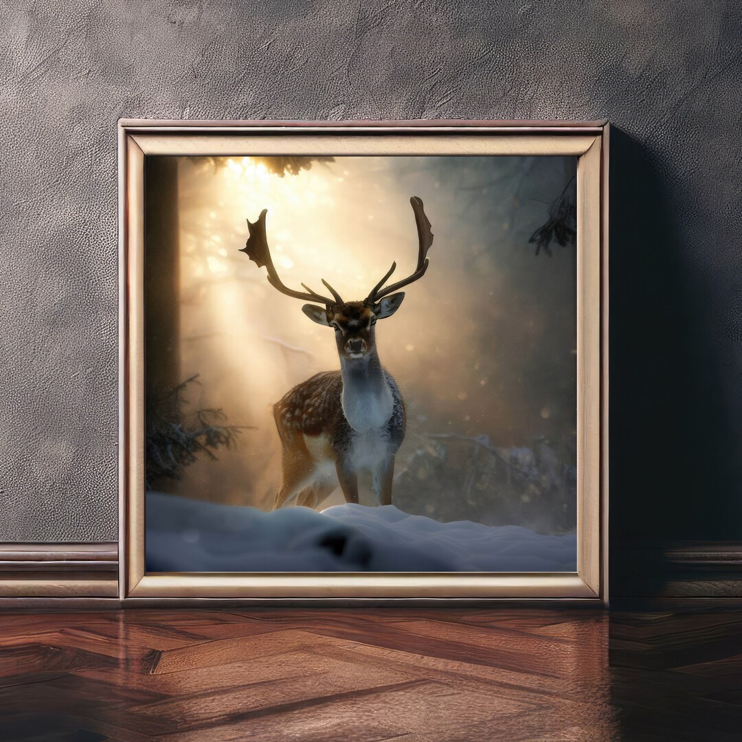 Fallow Deer in the Snowy Forest as the Sun Sets Digital Print Wall Art ...