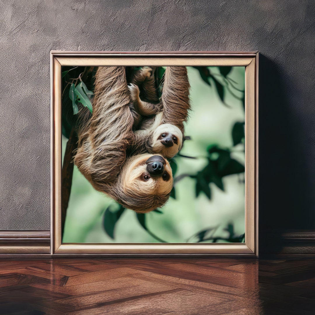 Mother and Baby Sloths Hanging Upside Down Digital Print Wall Art ...