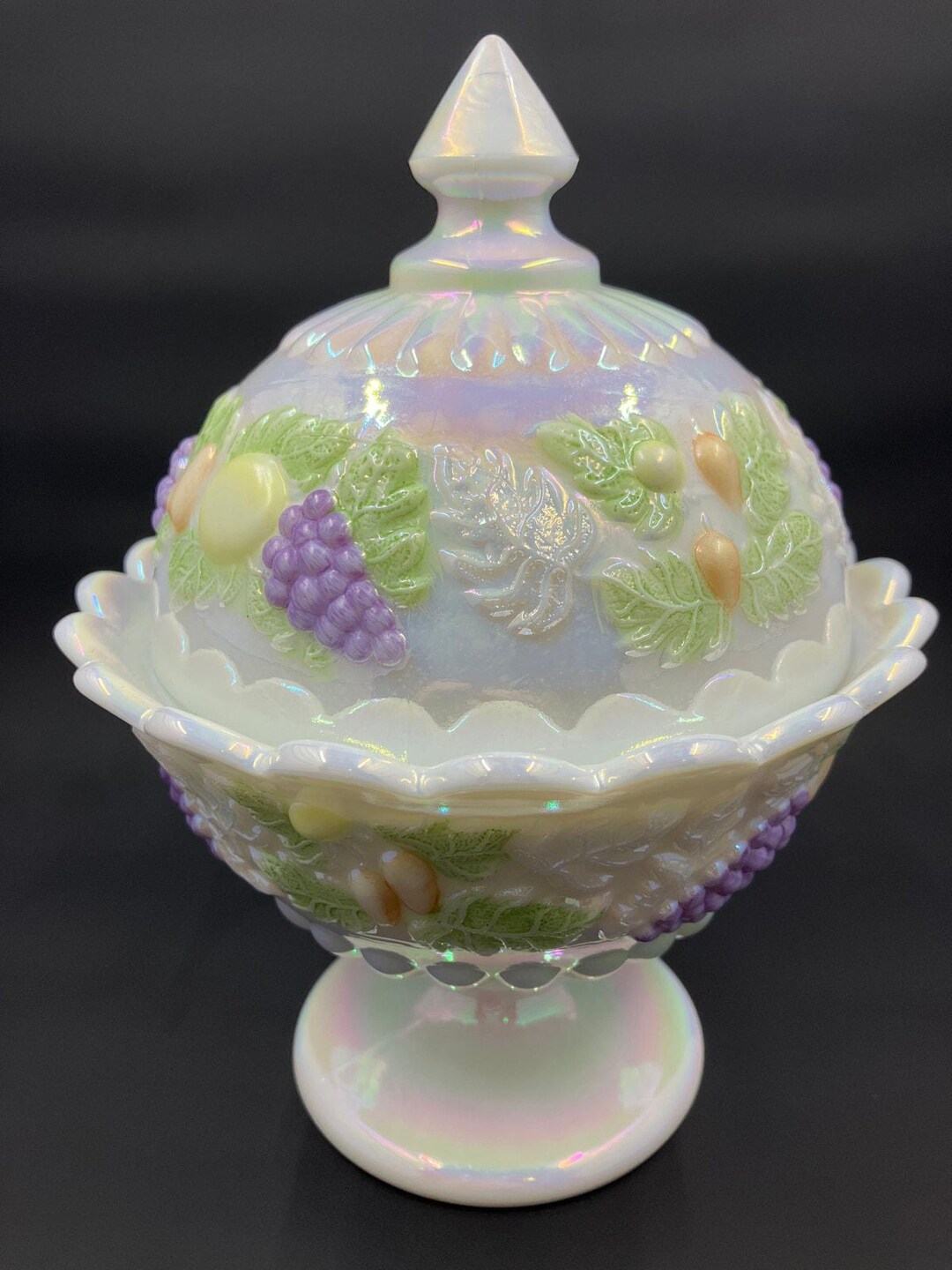 Westmorland Iridescent Milk Glass Della Robbia Lidded Pedestal Candy ...