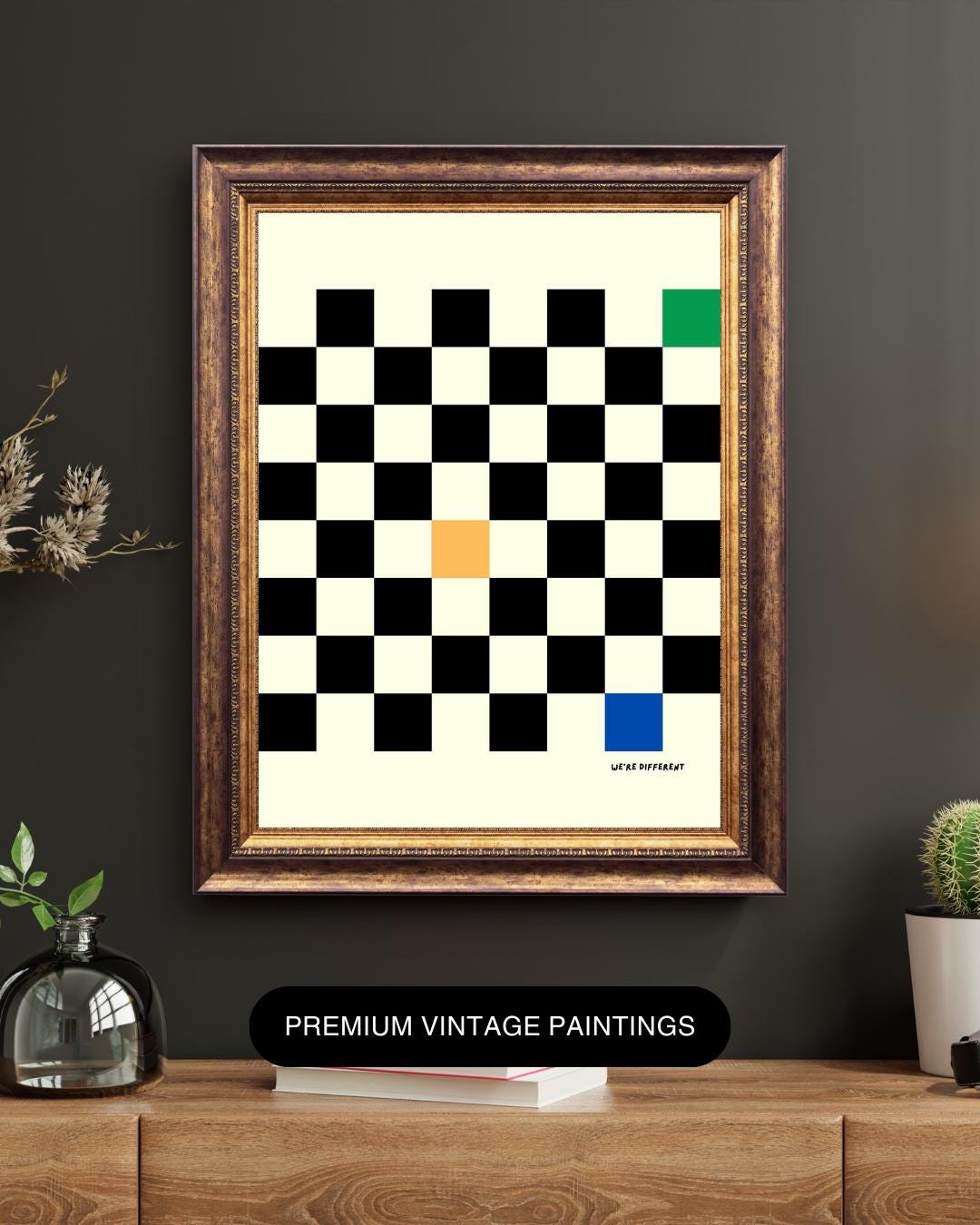 Checkered Poster With Multicolor Accents - Beige and Black Wall Art ...