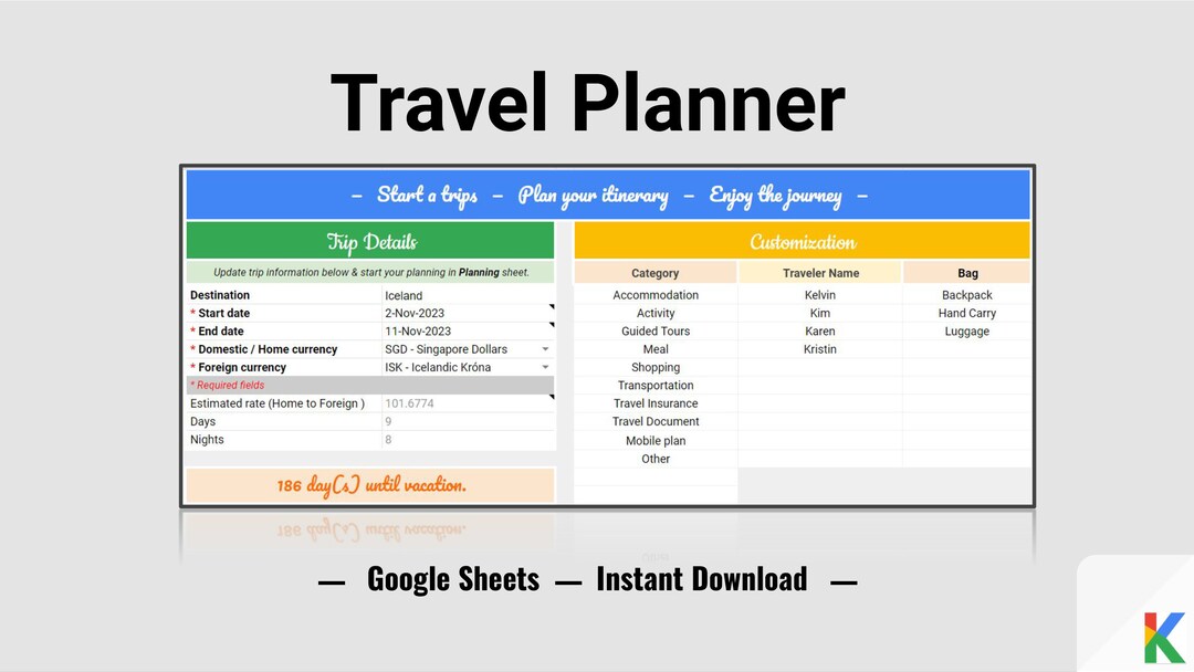 Customizable Travel Planner Google Sheets Template | Expenses Tracking ...