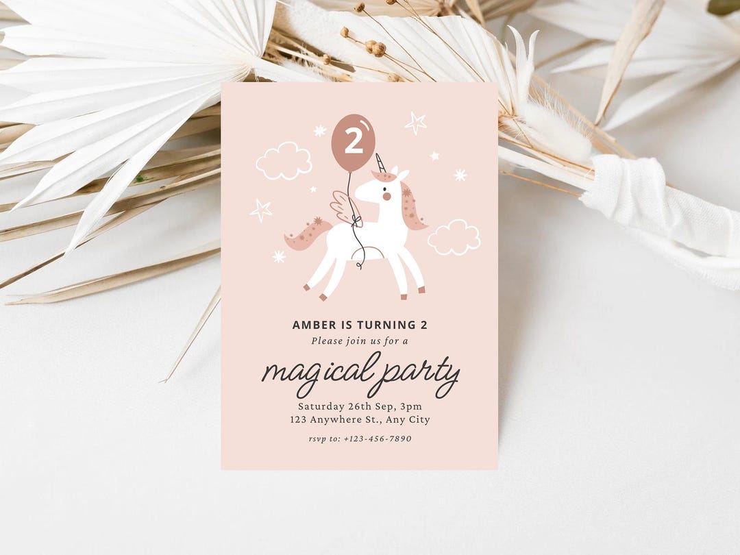 Editable Unicorn Birthday Invitation Two Ever Magical 2th Birthday ...