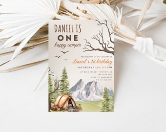 One Happy Camper Invitation Camping Birthday Invite Camper Party First Birthday 1st Camping Bear ...