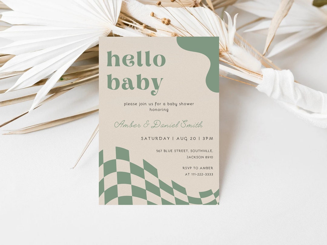 Sage Green Retro Baby Shower Invitation Gender Neutral Baby Shower ...