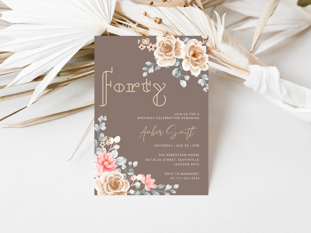 Boho Forty Birthday Invitation Template, Brown Floral 40th Invitation ...