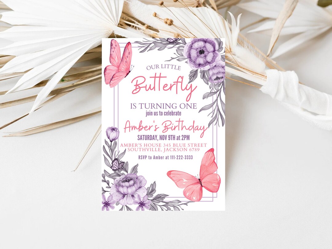 Editable Purple Butterfly Birthday Invitation, Butterfly Invitation for ...