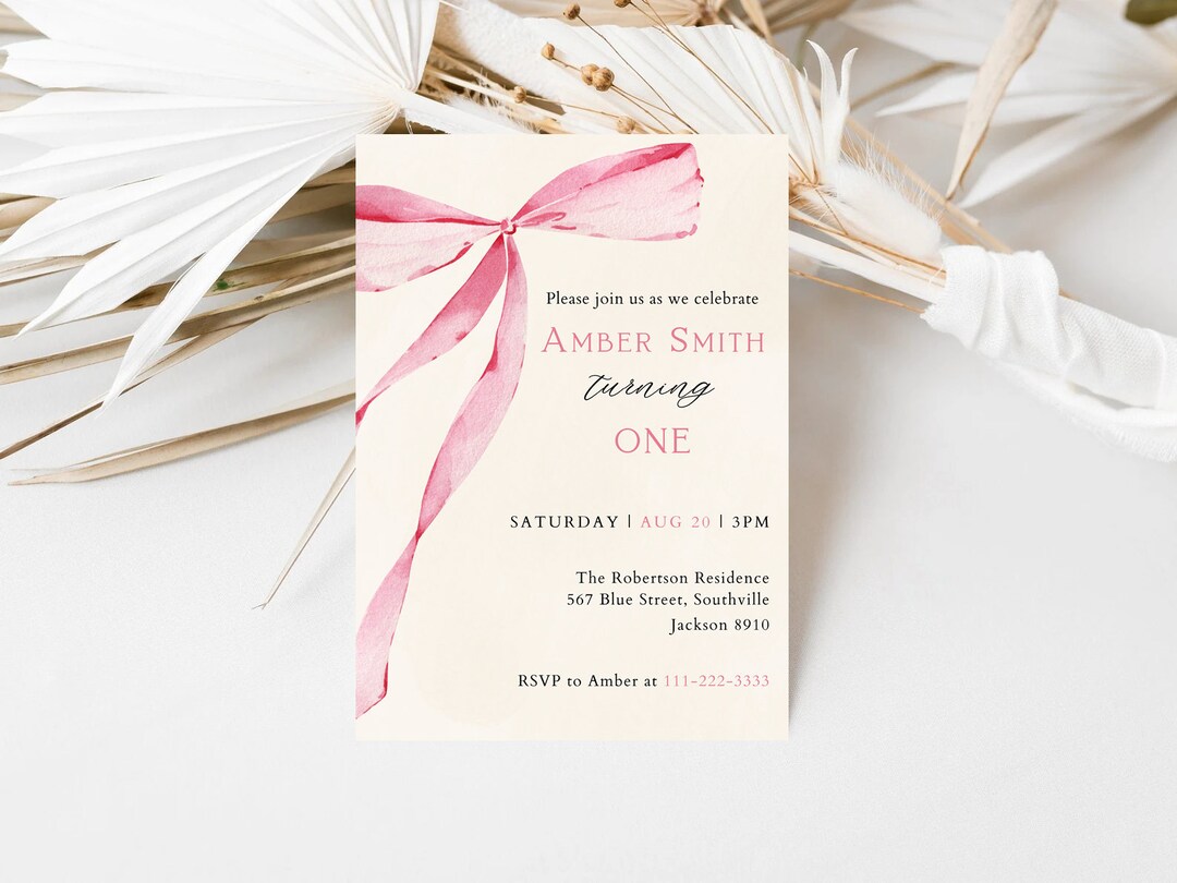 EDITABLE Pink Bow Invitation for Birthday 1st Birthday Minimalist Pink ...