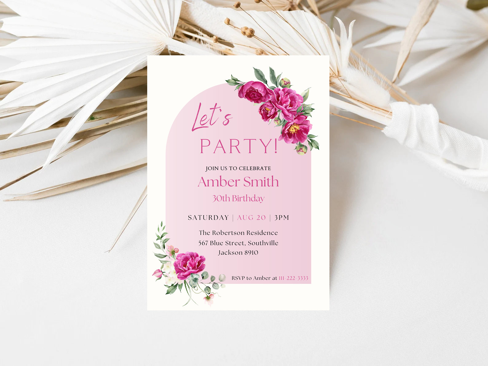 Hot Pink Birthday Party Invitation Template, Hot Pink Floral Birthday ...