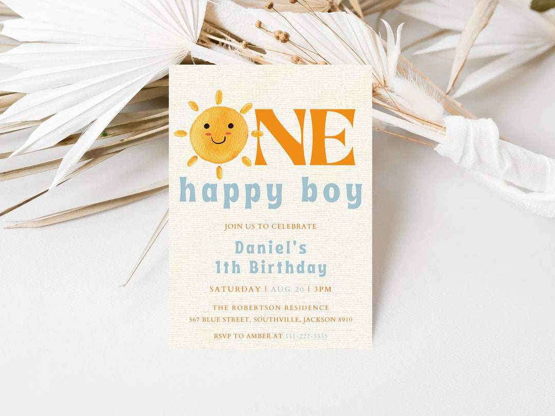 One Happy Boy Birthday Invite, Sunshine Birthday Invitation, Sun Boy ...