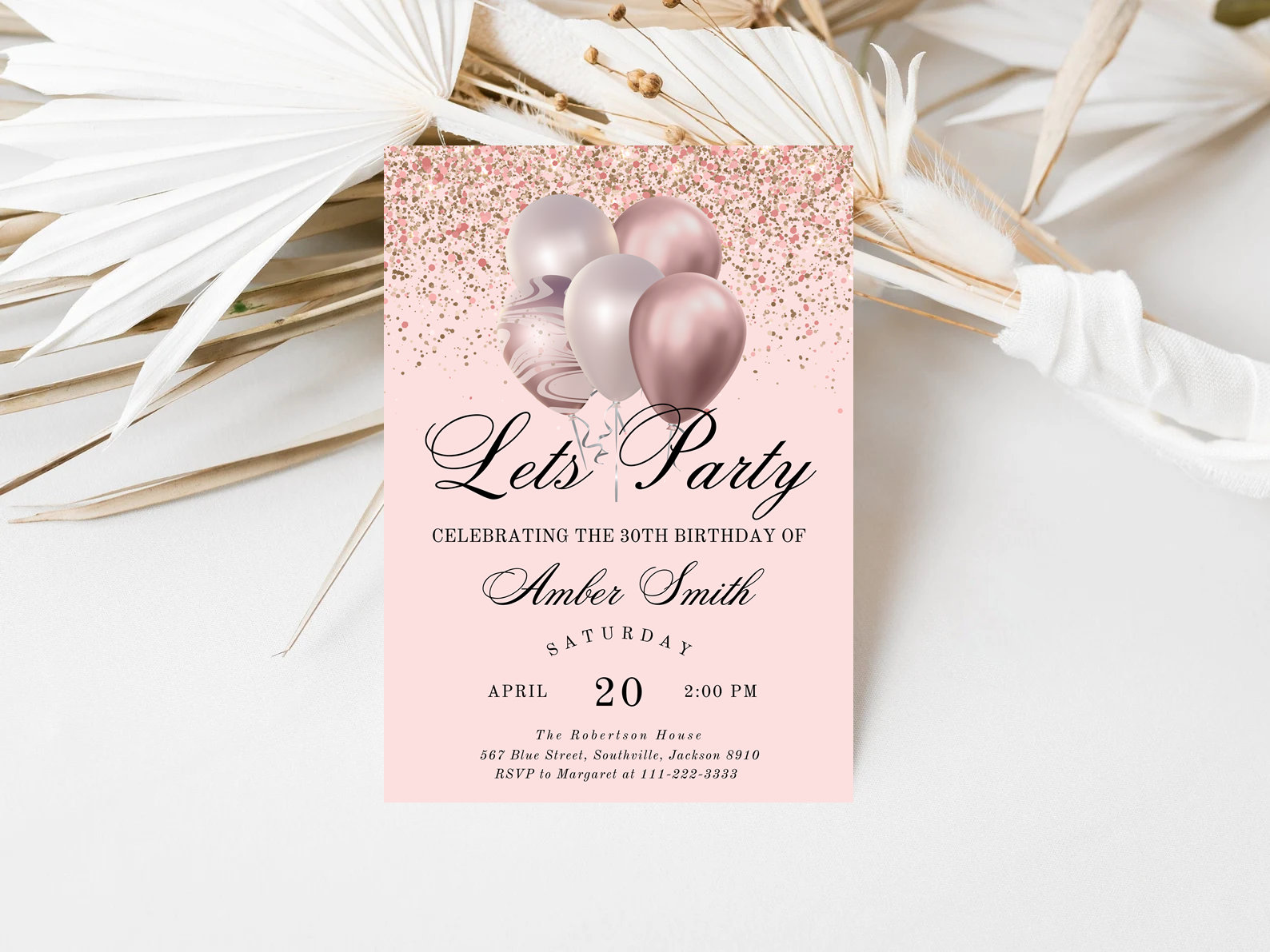 Editable Rose Gold Birthday Invitation, Let's Party Rose Gold Balloons ...