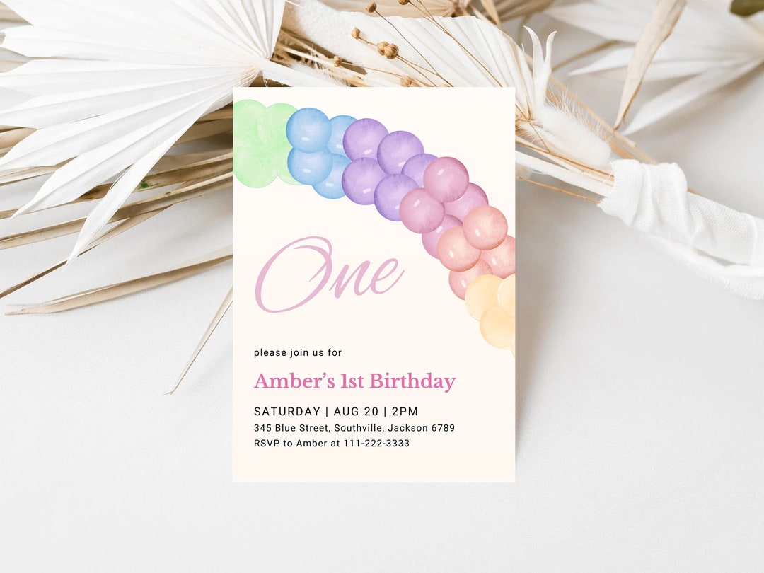Pastel Rainbow Birthday Invitation, Pastel 1st Birthday Invite, First ...