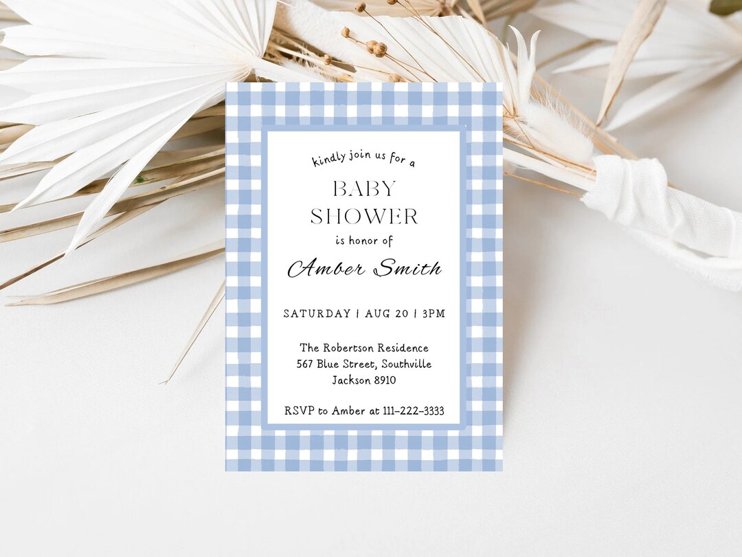 Blue Gingham Baby Shower Invitation, Editable Classic Gingham Boy Baby ...