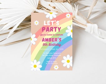Daisy Pastel Rainbow Birthday Party Invitation, Let's Party Groovy ...