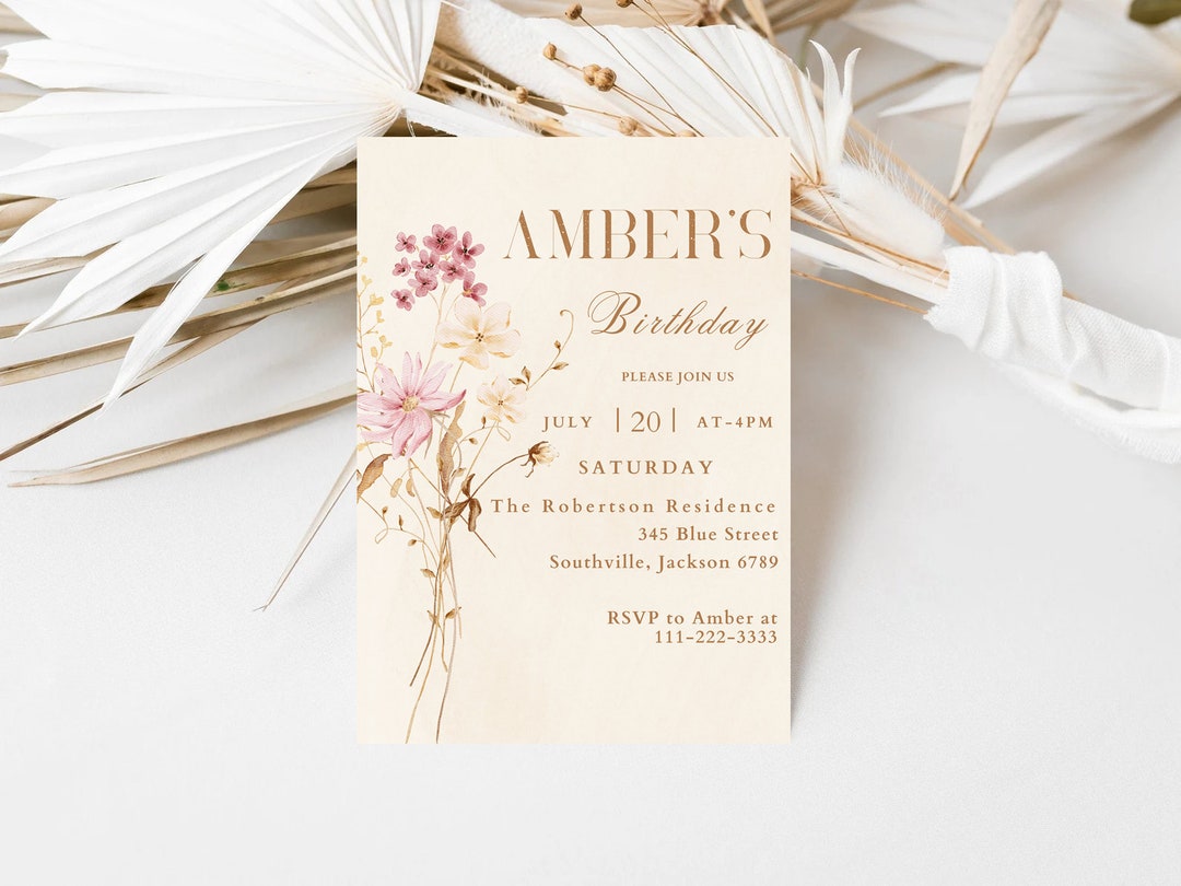 Wildflower Birthday Invitation Template, Girl Birthday Party Invitation ...