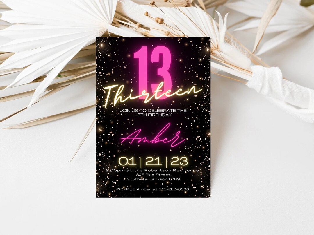 13th Birthday Invitation for Girl, Gold Glitter Pink Neon, Editable ...