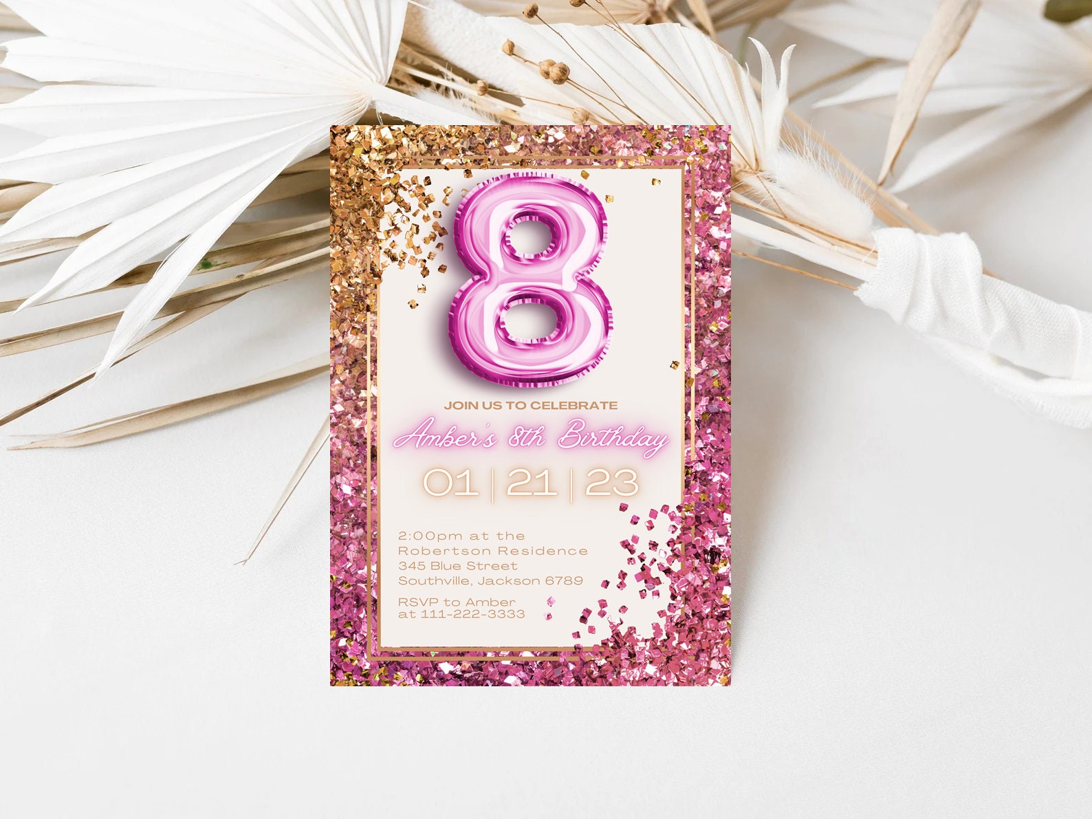 Editable Pink 8th Birthday Invitation Template Glitter Birthday Party ...