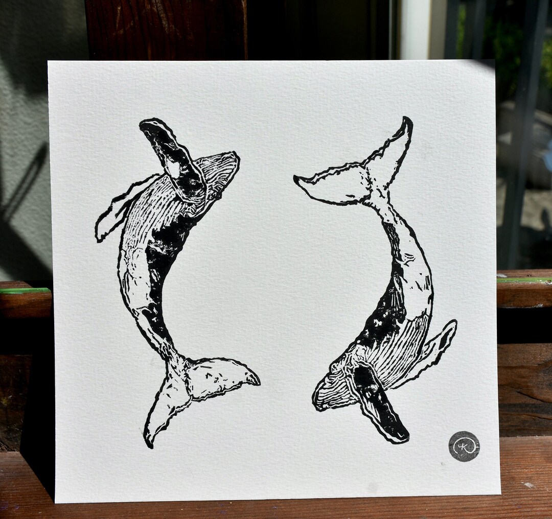 Whales Circling Linocut Art Print - Etsy
