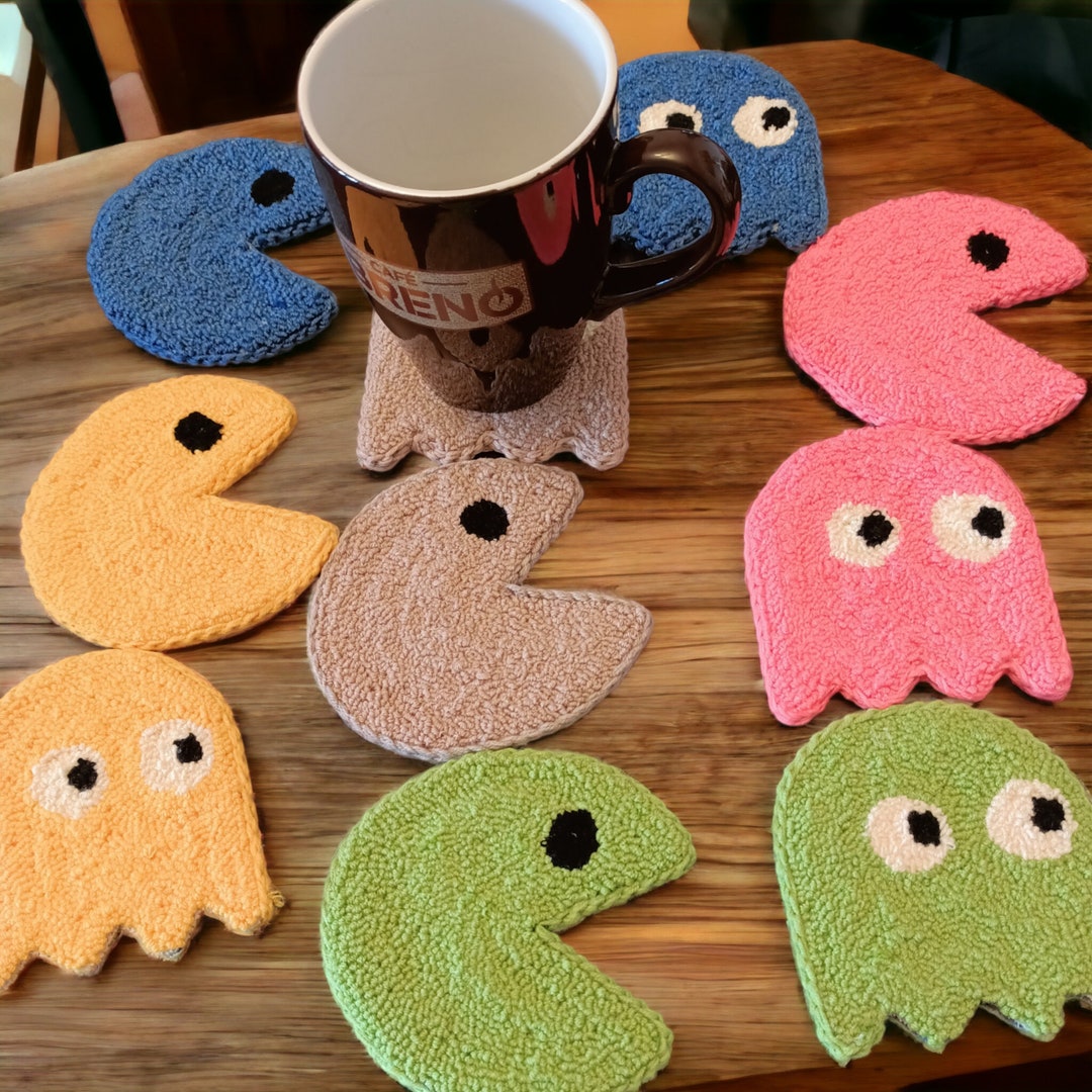 Set of 2 Pacman Ghost Handmade Coaster, Mug Rug, Punch Needle Coasters ...