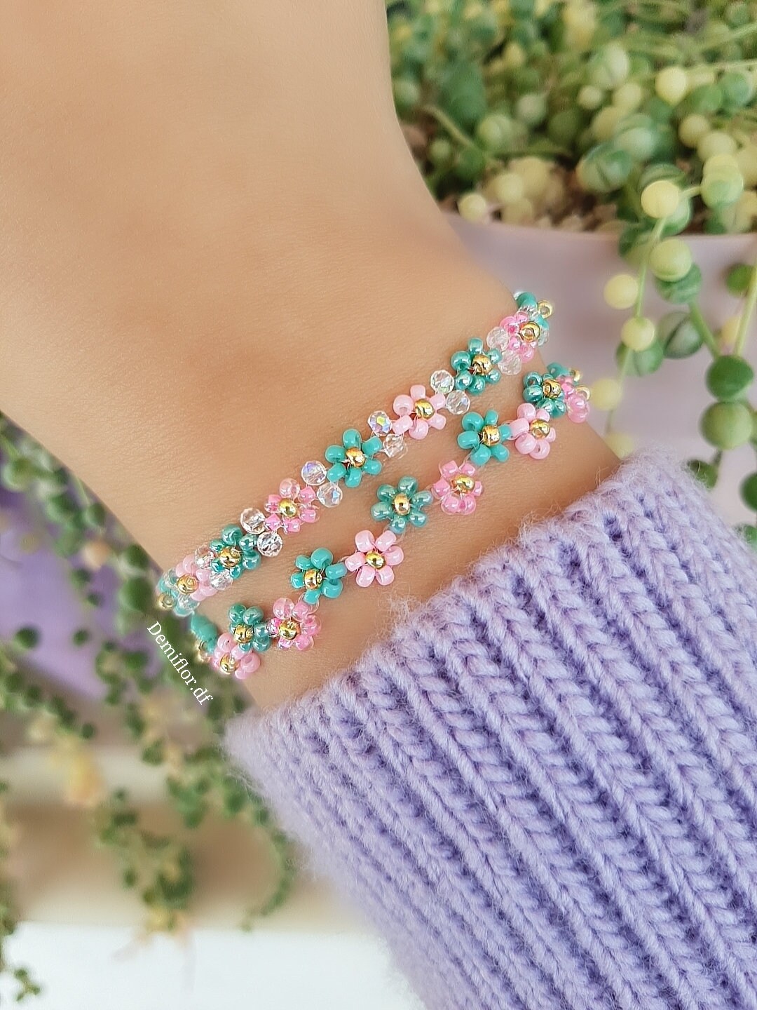 Set of 2 Handmade Floral Bracelets / Mini Pink and Turquoise Flowers ...
