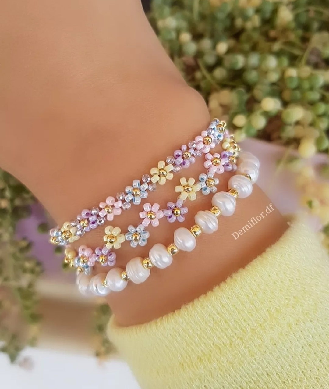 Set de 2 mini pulseras de flores colores pastel 16+4 cm ajustables ...