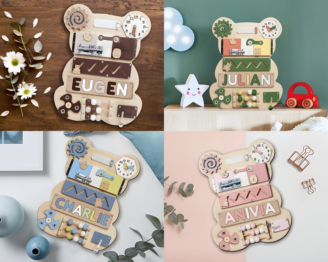 Personalized Bear Busy Board for Toddlers, Kids, Wooden Montessori 1 ...