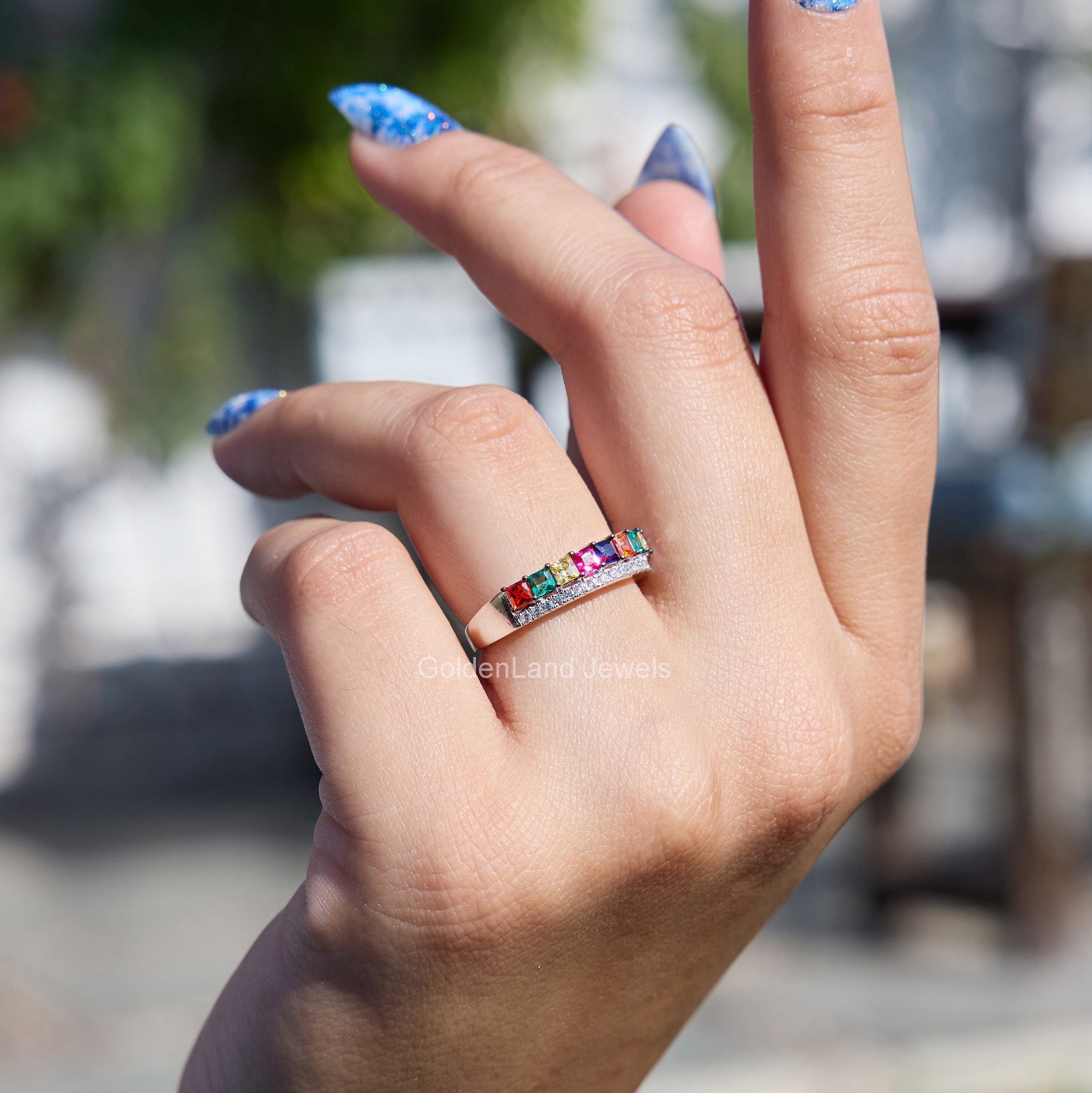 Princess Cut Multi Gemstone Half Eternity Wedding Band, Rainbow Band ...