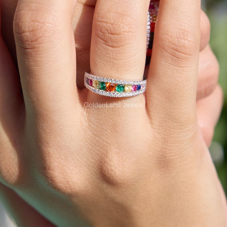 Unique Multi-color Sapphire Ring for Her, Round Cut Rainbow Wedding ...