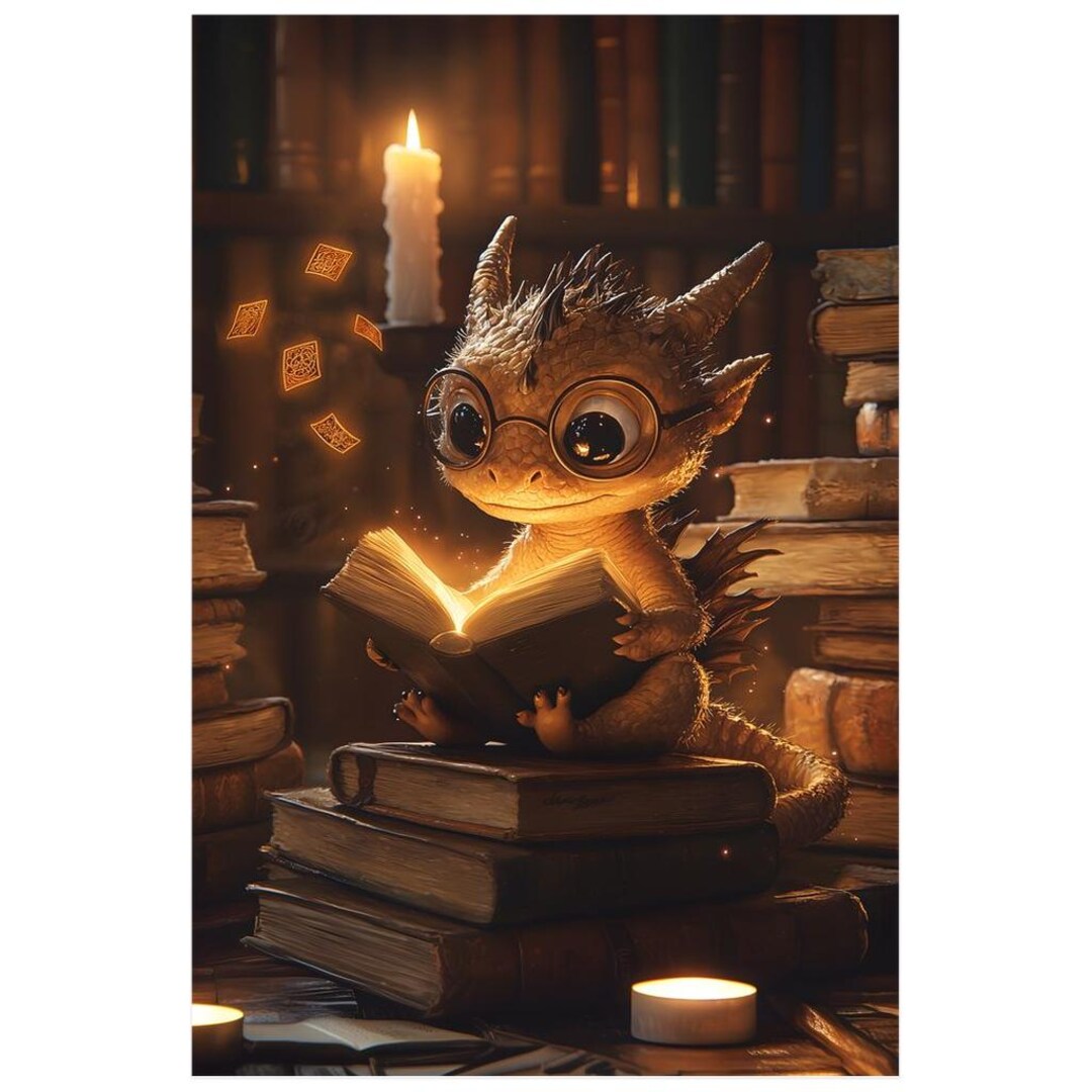 Baby Dragon Wizard Art Print - Fantasy Library Dragon Poster - Cute ...