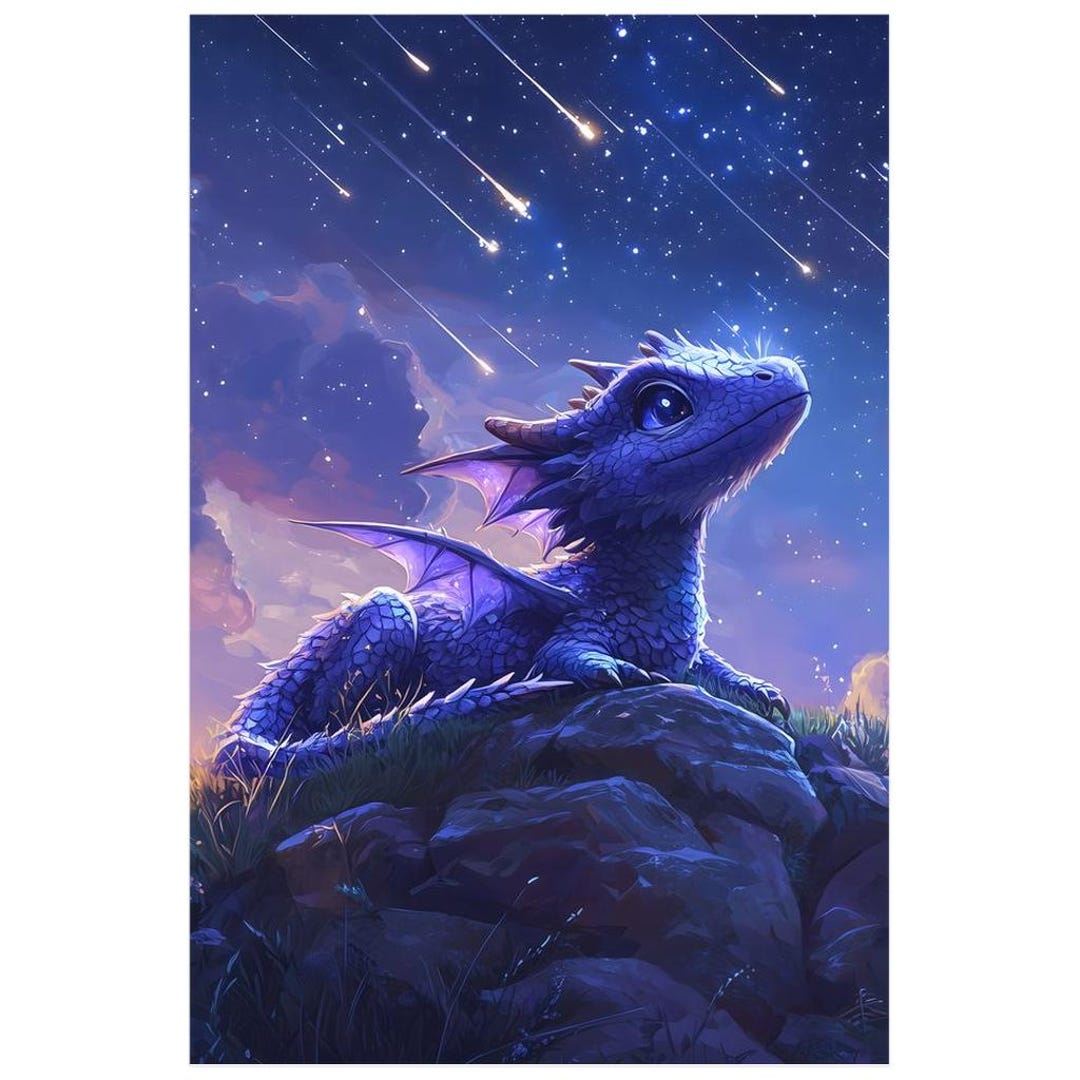 Magical Baby Dragon Fantasy Art Print - Enchanting Starry Night Dragon ...