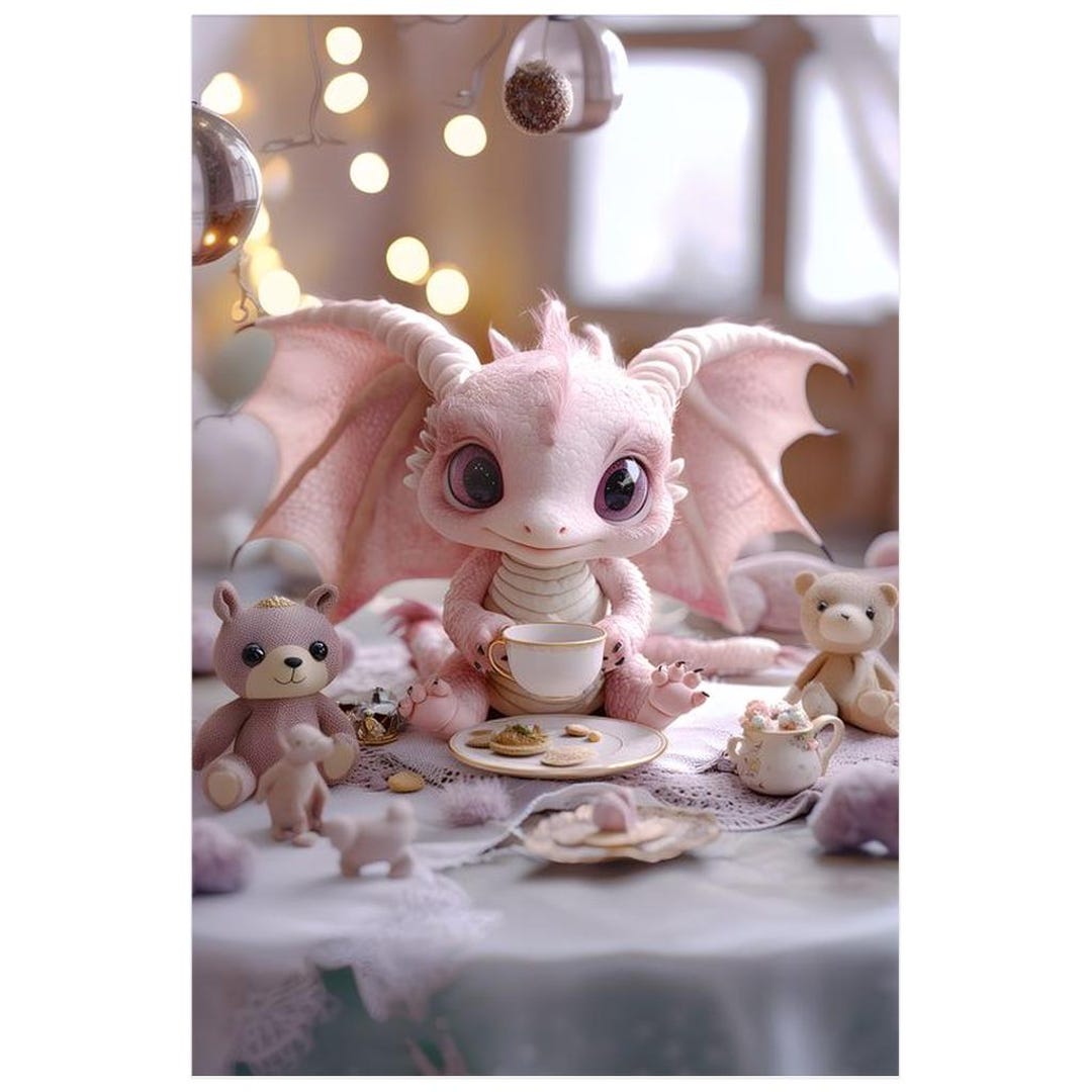 Adorable Baby Dragon Tea Party Art Print - Cute Fantasy Dragon Poster ...