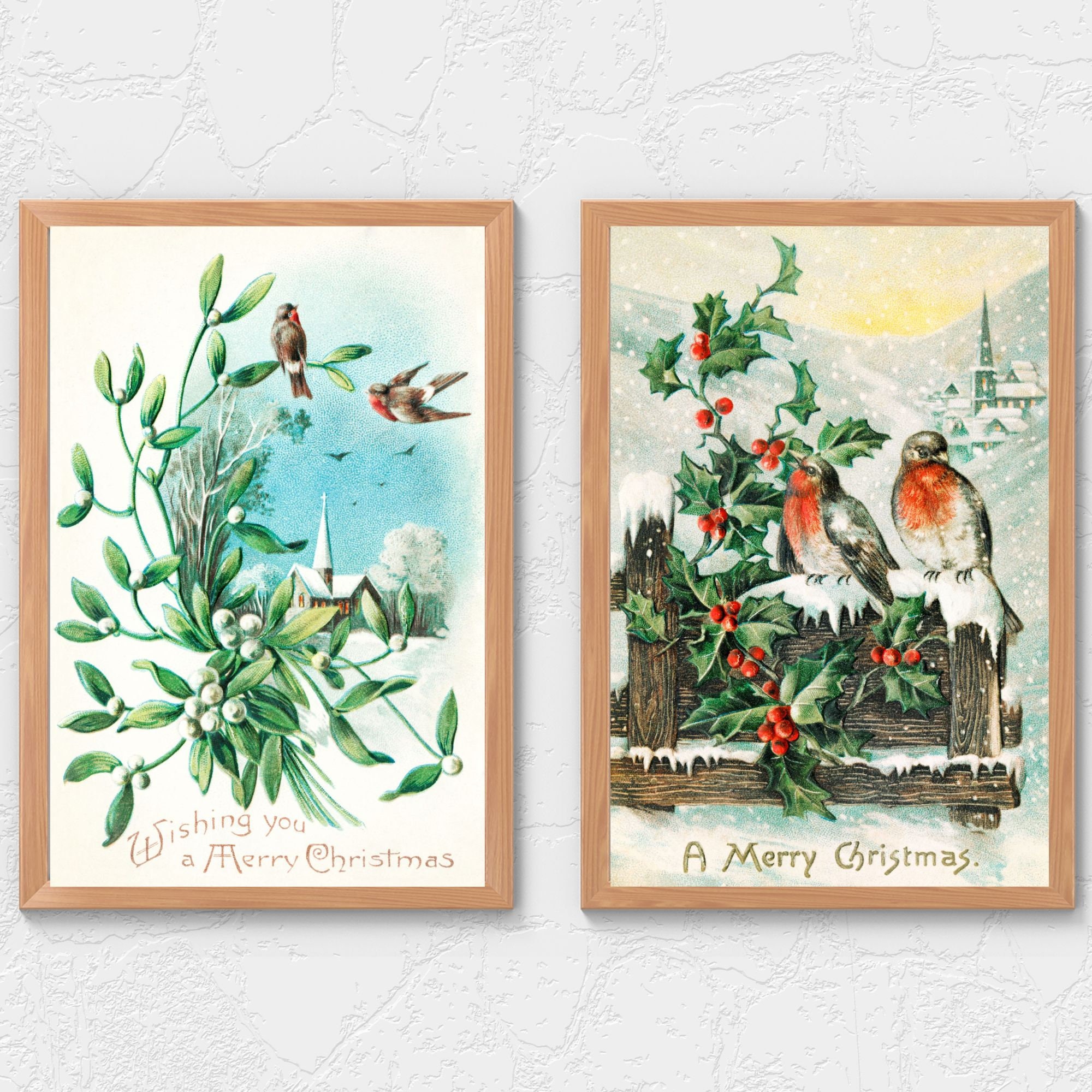 Traditional Vintage Christmas Art Print Set, Two Victorian Robin Holly ...
