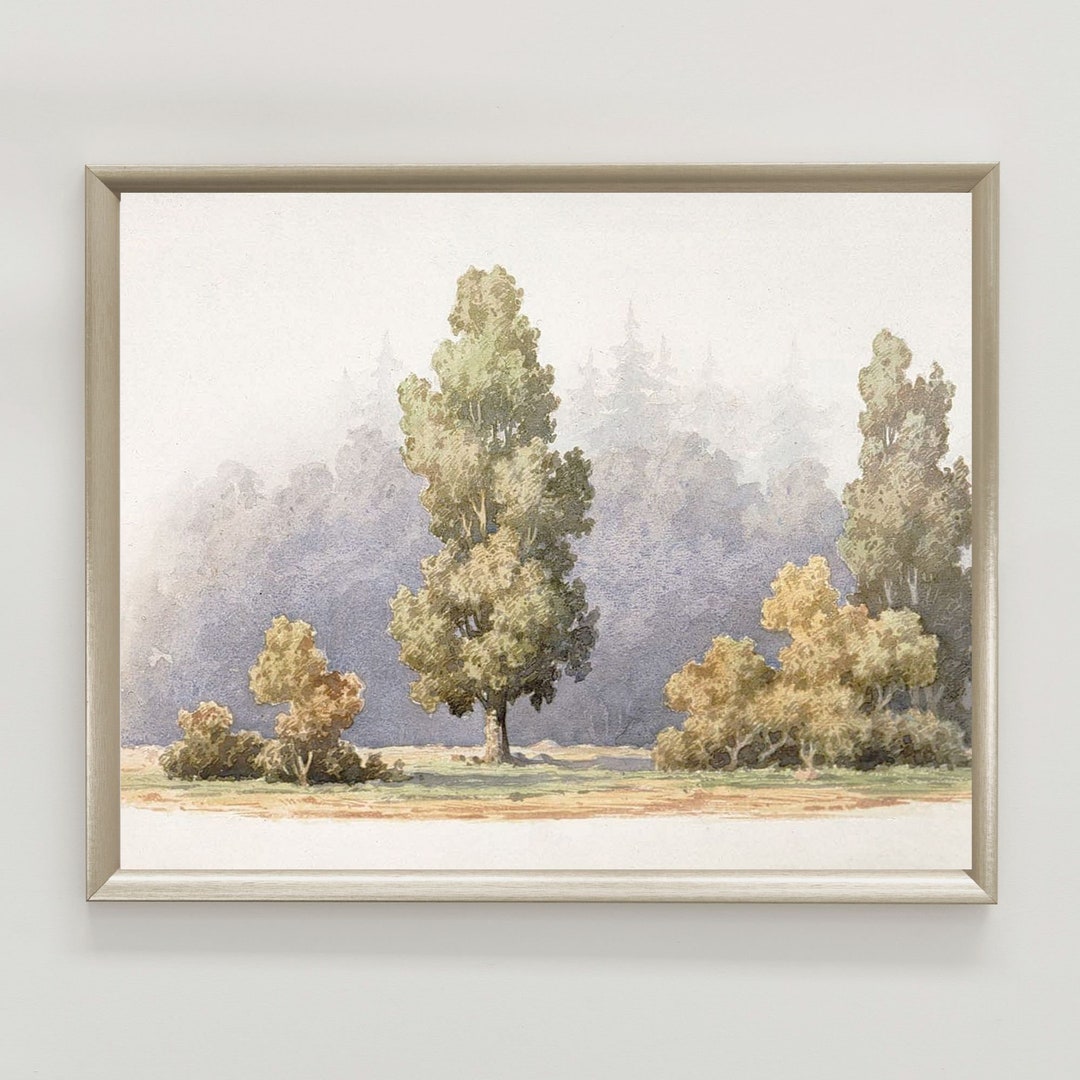 Muted Landscape Art Print Rustic Tree Painting Vintage Farmhouse ...