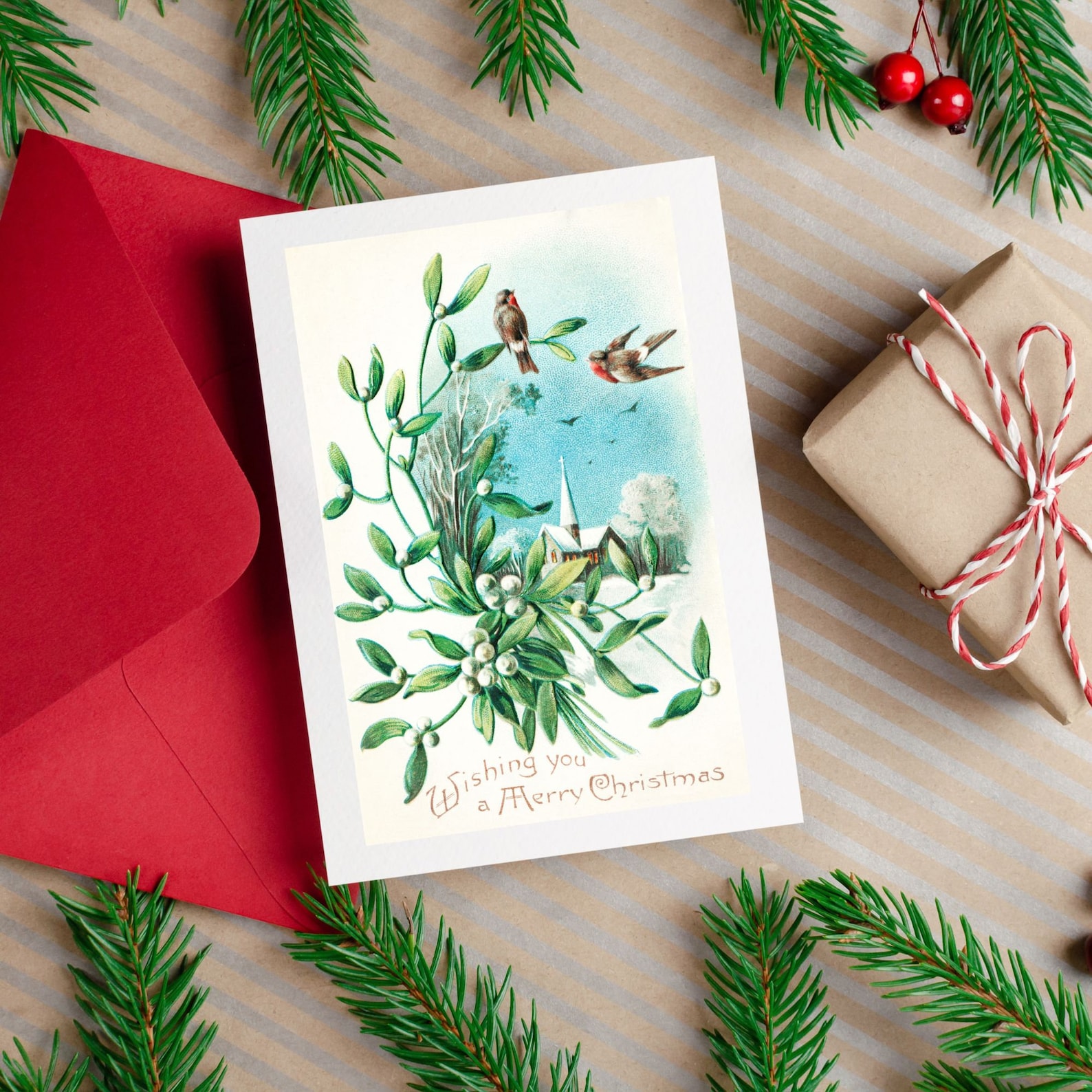 Traditional Vintage Christmas Art Print Set, Two Victorian Robin Holly ...