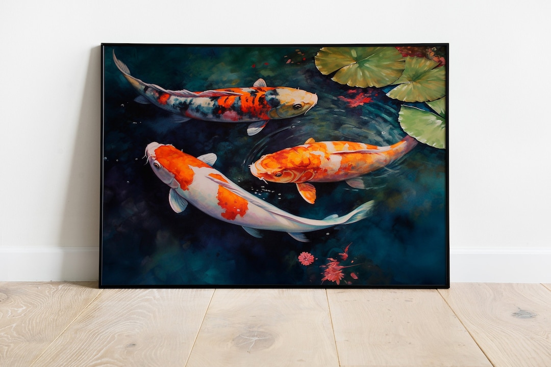 Exquisite Koi Pond Oil Painting | Captivating 3 Koi Fish Swimming ...