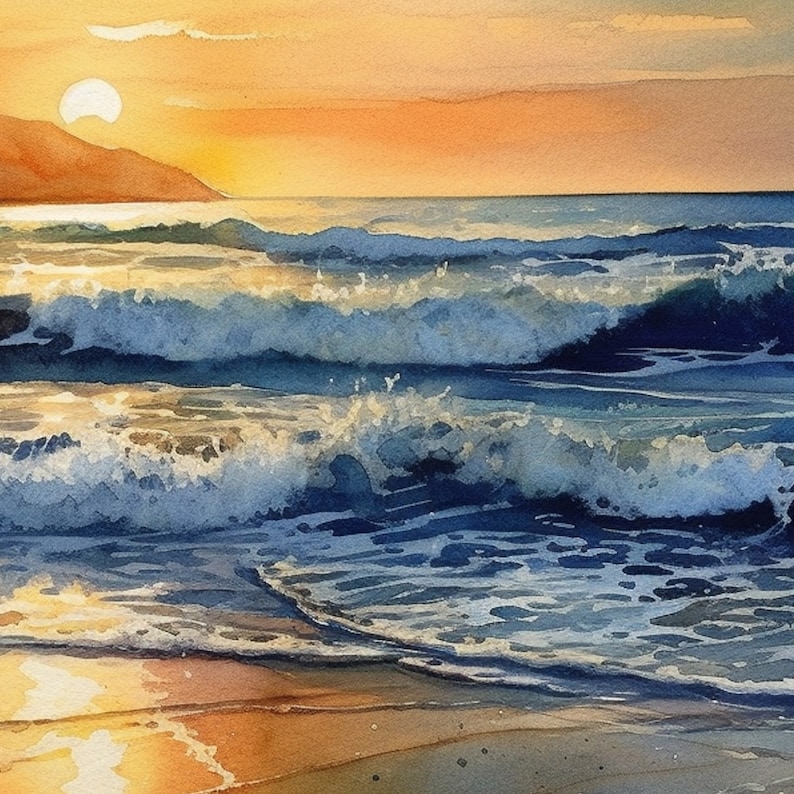 Beach Sunset Watercolor Painting, Sunset Over Ocean Painting, Printable ...