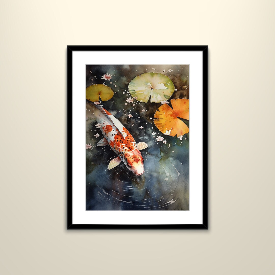 Koi Pond Watercolor Painting, Koi Making Ripples in Pond on Rainy Day ...