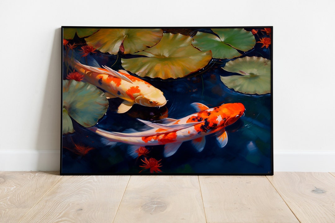 Koi Pond Oil Painting, 2 Koi Fish in Pond Art Print, Digital Download ...