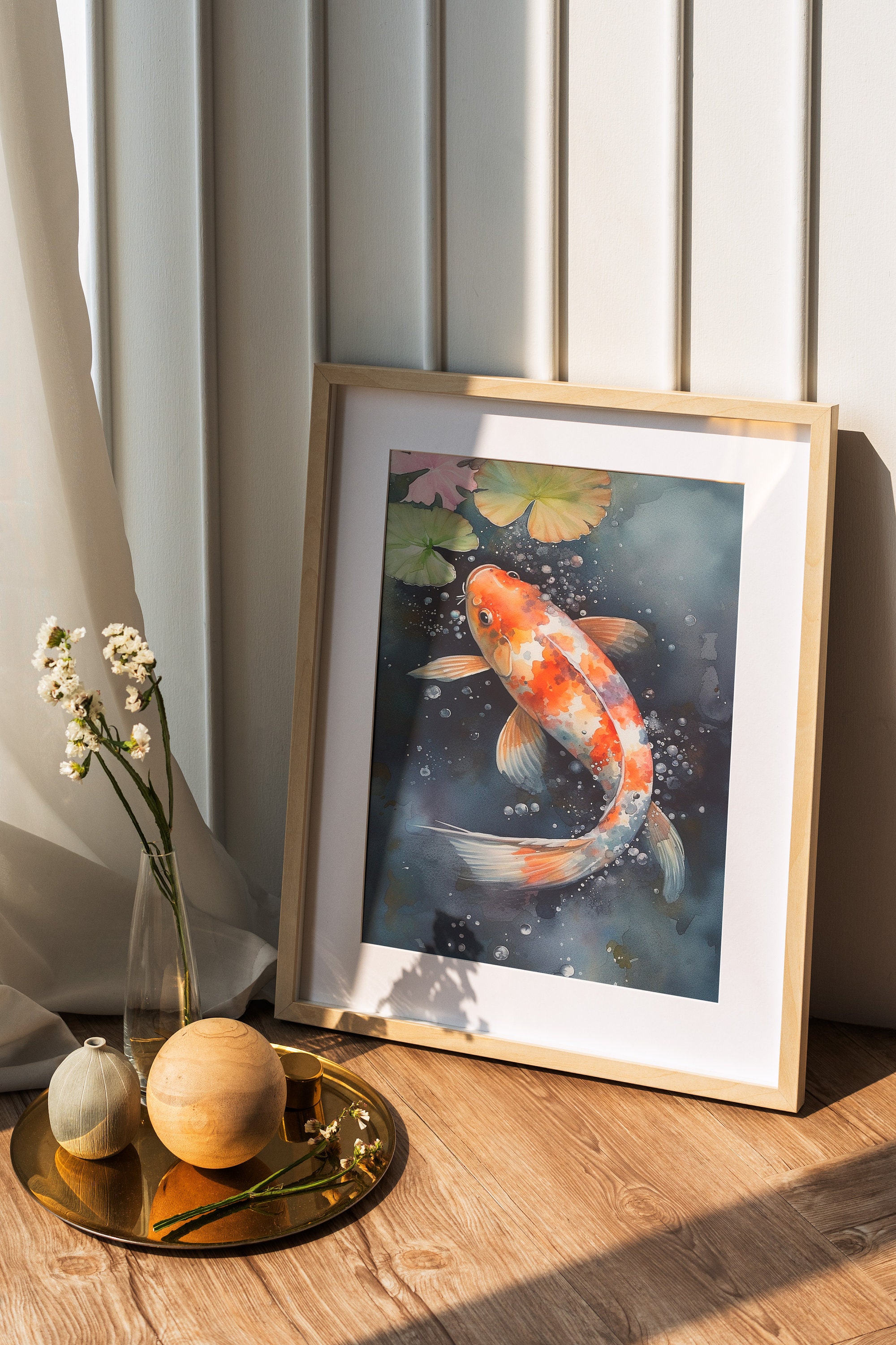 Koi Pond Watercolor Painting, Koi Making Bubbles in Pond on Rainy Day ...