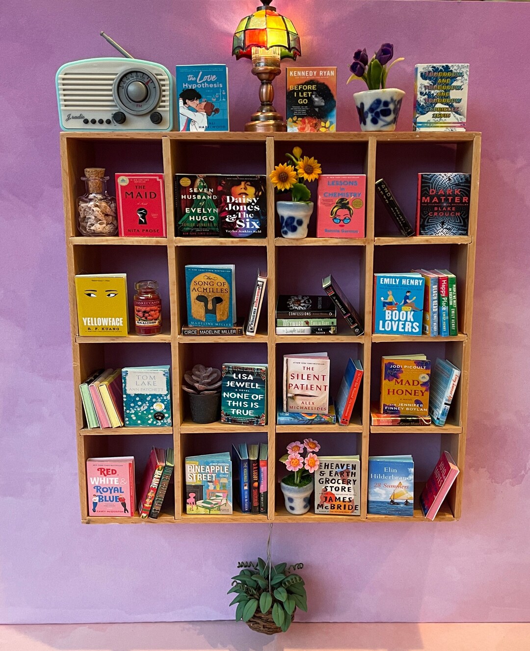 Miniature Wooden Bookshelf With 20 Mini Books, Lamp, Radio, Plants and ...